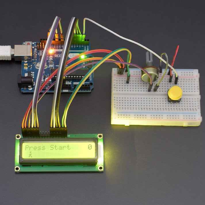 Make a Jumping jack game using 16*2 LCD and push button with arduino Uno - KT937 | REES52